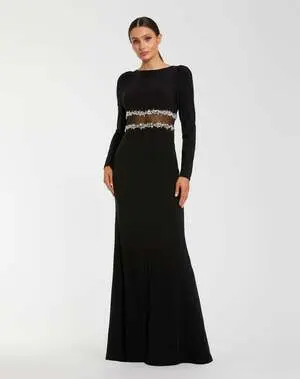Mac Duggal Long Sleeve Jersey Gown With Jewel Detail - Black