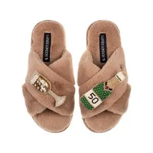 LAINES LONDON Faux Fur Slippers With Embellished Brooches - Brown