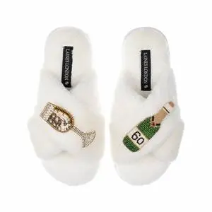 LAINES LONDON Neutrals / Classic Laines Slippers With Champagne & Glass 60th Birthday Brooches Cream - White
