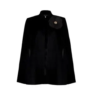 HOUSE OF LAINES LONDON Wool Blend Cape With Embellished Corsage - Black/gold
