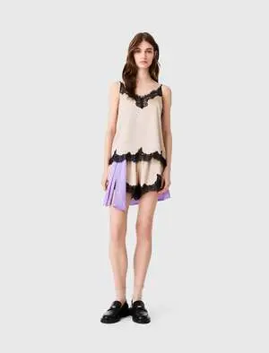 Maje Satin Top With Lace Details - Beige