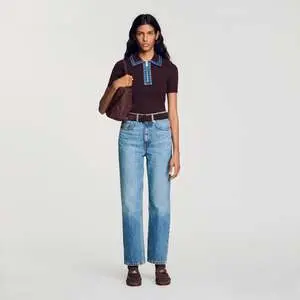 Sandro Polo Sweater With Denim Collar - Brown