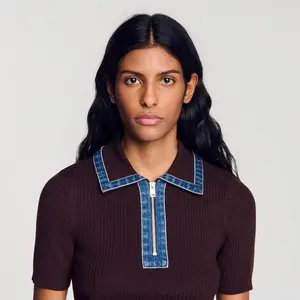 Sandro Rib-knit Polo Sweater With Denim Collar