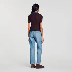 Sandro Rib-knit Polo Sweater With Denim Collar