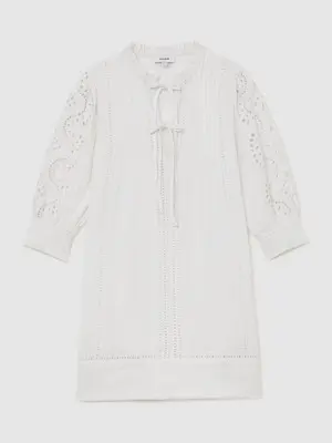 REISS Gia Cotton Broderie Mini Dress