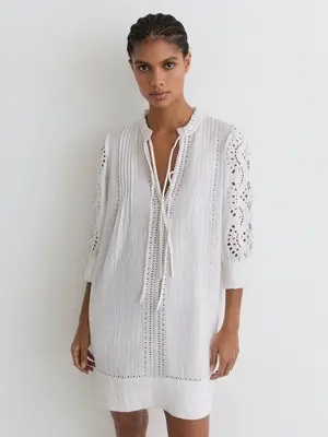 REISS Gia Cotton Broderie Mini Dress