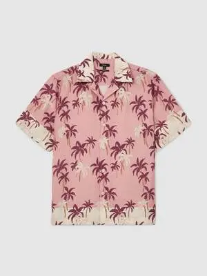 REISS Madrona Palm-print Cuban-collar Shirt
