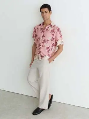 REISS Madrona Palm-print Cuban-collar Shirt