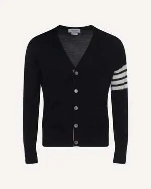 Thom Browne Virgin Wool V-neck Cardigan With Signature Stripes - Blue