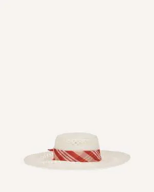 Ermanno Scervino Straw Wide-brim Hat With Vichy Print Silk Scarf - White