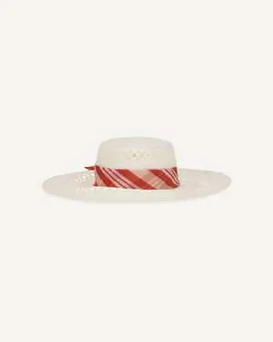 Ermanno Scervino Straw Wide-brim Hat With Vichy Print Silk Scarf