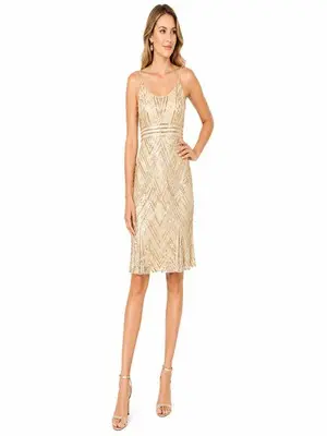 LARA NEW YORK Beaded Geometric Flounce Dress - Nude
