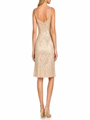 LARA NEW YORK Beaded Geometric Flounce Dress - Nude