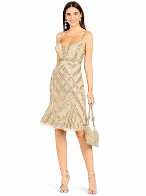 LARA NEW YORK Beaded Geometric Flounce Dress - Nude
