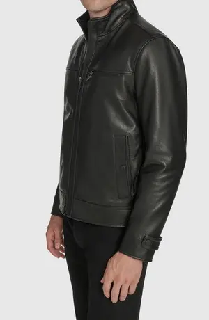 Andrew Marc Stand Collar Leather Jacket - Black