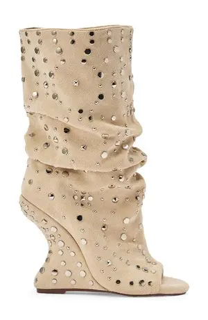 AZALEA WANG Embellished Peep Toe Wedge Slouch Boots