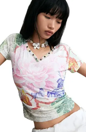 Desigual Floral V-neck Cotton Jersey Top