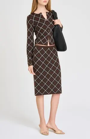 WAYF Willa Leopard Print Knit Midi Skirt - Brown Checker