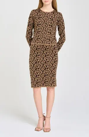 WAYF Willa Leopard Print Knit Midi Skirt