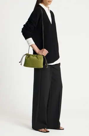 Strathberry Drawstring Suede Crossbody Bag - Lime/khaki