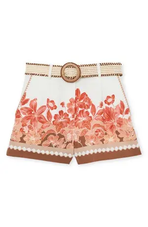 REISS High Waisted Floral Print Pleated Shorts With Removable Belt