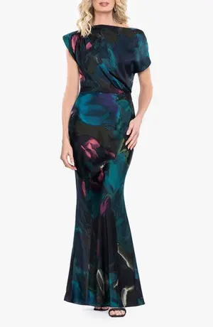 Betsy & Adam Floral Print Satin Gown - Teal/multi