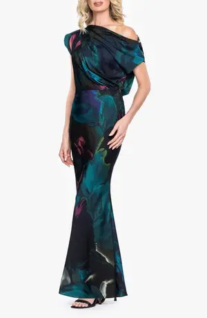 Betsy & Adam Floral Print Satin Gown