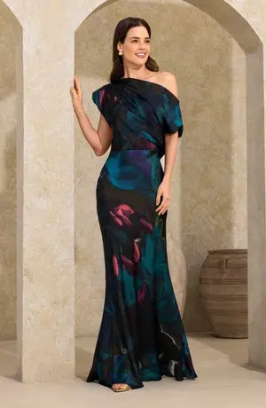 Betsy & Adam Floral Print Asymmetrical Neckline Gown