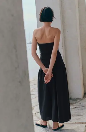 Mango Ruched Cotton Strapless Dress
