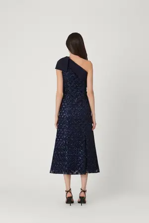 Shoshanna Midnight Diamond Sequin Mesh One-shoulder Gown