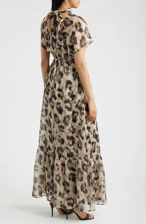 Julia Jordan Printed Organza Gown With Tie Waist And Bow Detail