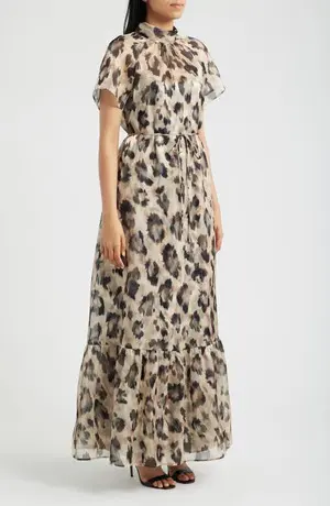 Julia Jordan Printed Organza Gown With Tie Waist And Bow Detail
