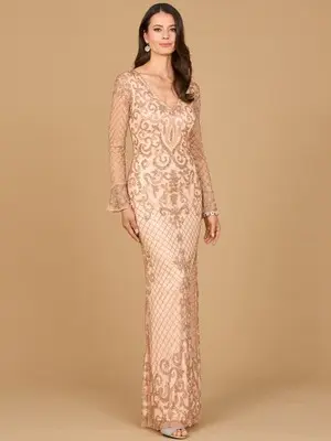 LARA NEW YORK Beaded Long Sleeve V-neck Gown - Blush