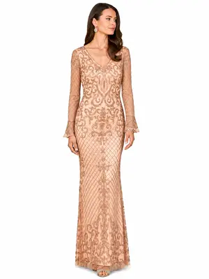 LARA NEW YORK Beaded Long Sleeve V-neck Gown - Blush