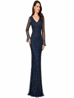 LARA NEW YORK Beaded Long Sleeve V-neck Gown - Navy