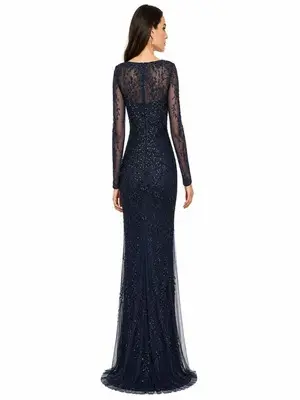 LARA NEW YORK Beaded Long Sleeve V-neck Gown