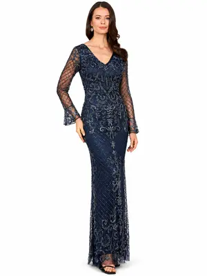 LARA NEW YORK Beaded Long Sleeve V-neck Gown - Navy