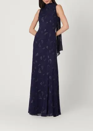 Shoshanna Metallic Clip Chiffon High Neck Dress - Navy/gold