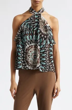 Ramy Brook Palma Talia Silk Chiffon Halter Top - Multi Medallion