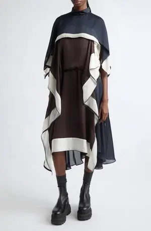 Sacai Satin X Chiffon Cape Effect Dress - Brown/ecru