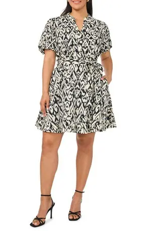Vince Camuto Ikat Print Puff Sleeve A-line Mini Dress - Rich Black