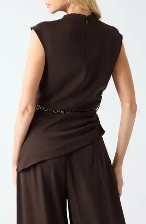 MARCIANO Kamila Ruched Mock Neck Top With Cap Sleeves