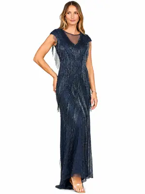 LARA NEW YORK Beaded Fringe V-neck Gown With Cap Sleeves - Navy