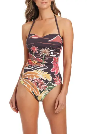 BLEU BY ROD BEATTIE Tropical Print Shirred Bandeau One-piece Swimsuit - Dark Grenache
