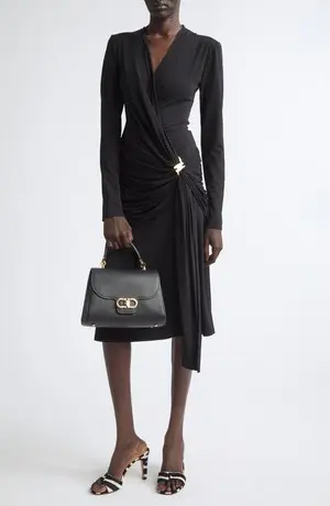 FERRAGAMO Long Sleeve Wrap Dress With Sculptural Hardware - Nero