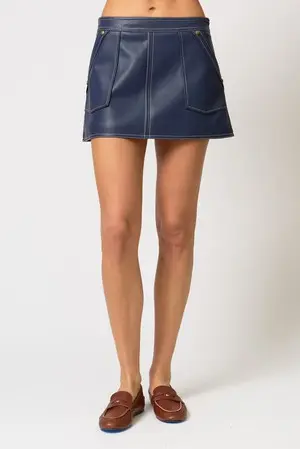 Central Park West A-line Faux Leather Mini Skirt With Utility Pockets