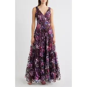 Eliza J Floral Appliqué Sleeveless Gown - Eggplant