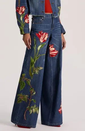 Alice + Olivia Embroidered Wide Leg Jeans - Freyja Blue/soft Tulip