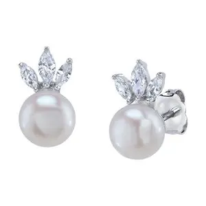 The Pearl Source White Freshwater Cultured Pearl And Cubic Zirconia Stud Earrings With Removable Jacket - Sterling Silver