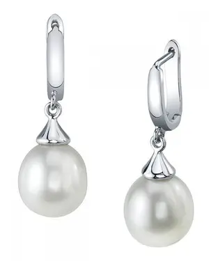 The Pearl Source White Freshwater Teardrop Pearl Leverback Earrings - Sterling Silver